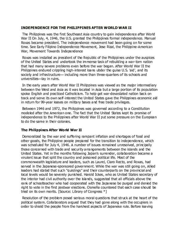 (DOC) INDEPENDENCE FOR THE PHILIPPINES AFTER WORLD WAR II