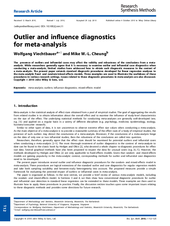 (PDF) Outlier and influence diagnostics for meta-analysis