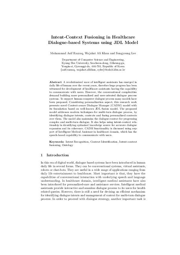 (PDF) Intent-Context Fusioning in Healthcare Dialogue-based Systems using JDL Model