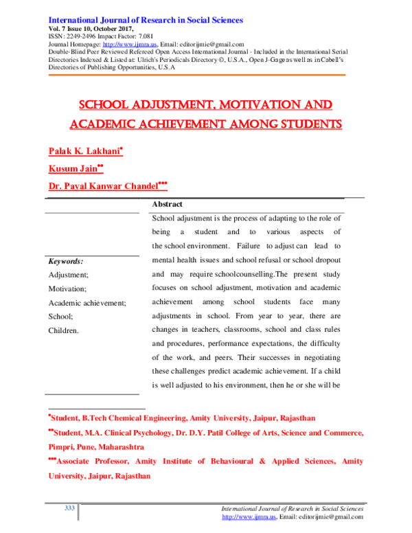 (PDF) School Adjustment, Motivation and Academic Achievement among Students