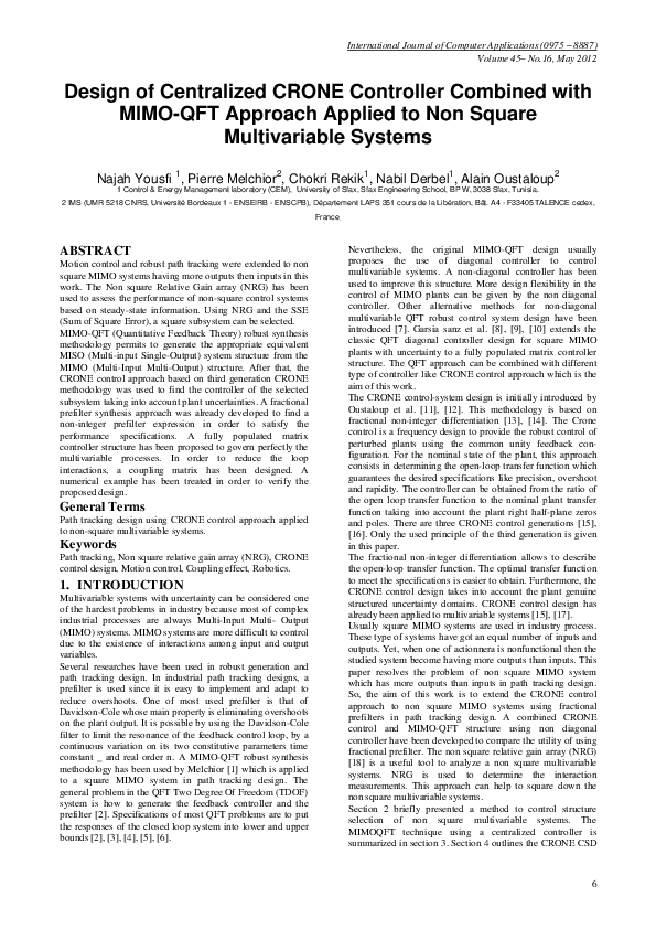(PDF) Design of Centralized CRONE Controller Combined with MIMO-QFT Approach Applied to Non ...