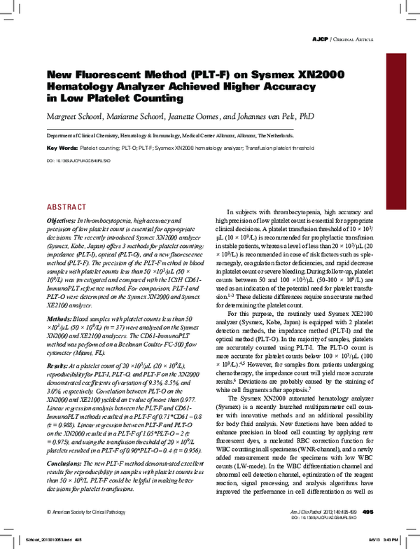 (PDF) New Fluorescent Method (PLT-F) on Sysmex XN2000 Hematology ...