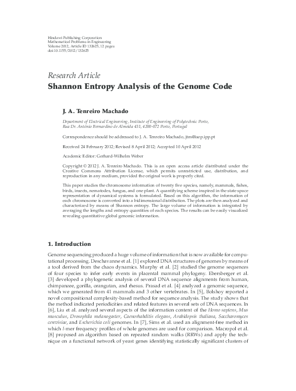 (PDF) Shannon Entropy Analysis of the Genome Code