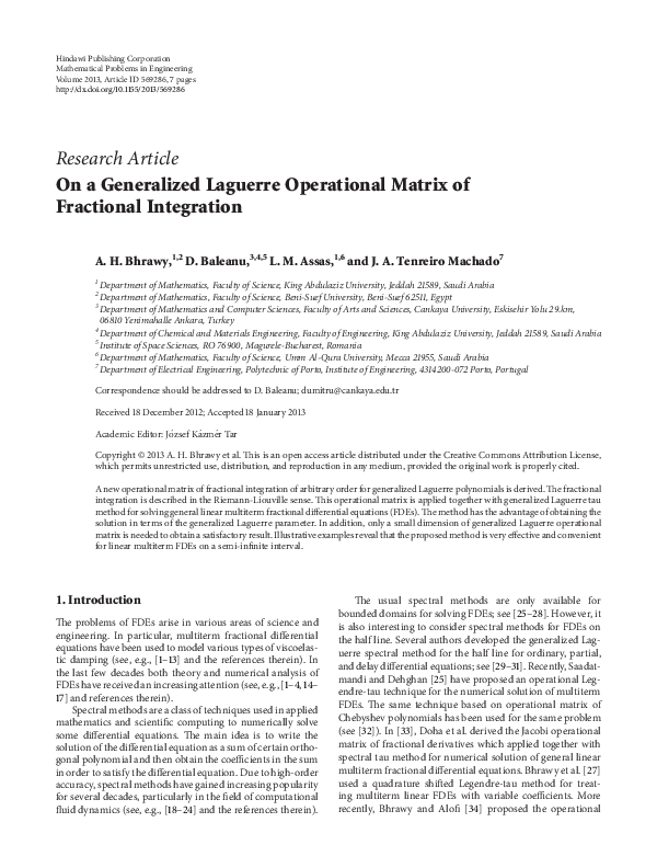 Pdf On A Generalized Laguerre Operational Matrix Of Fractional Integration