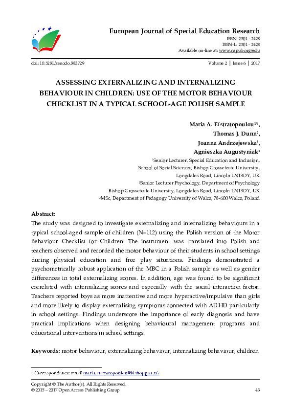 (PDF) Assessing externalising and internalising behaviour in children