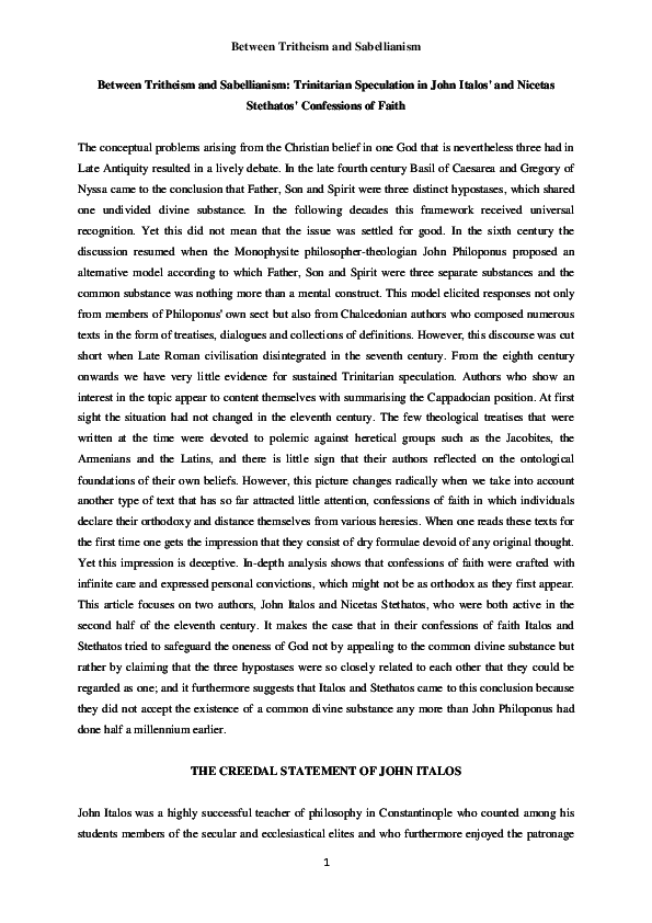 (DOC) ‘Between Tritheism and Sabellianism: Trinitarian Speculation in ...