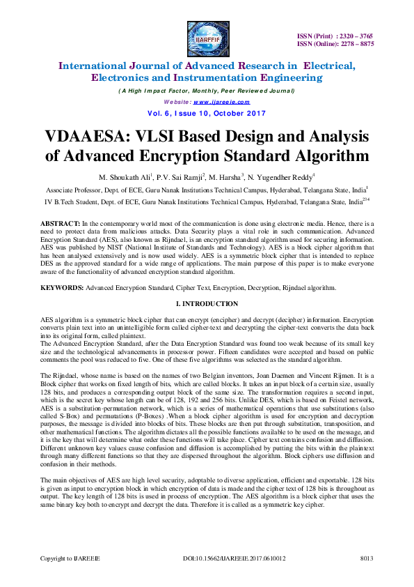 Pdf Vdaaesa Vlsi Based Design And Analysis Of Advanced Encryption Standard Algorithm 3553