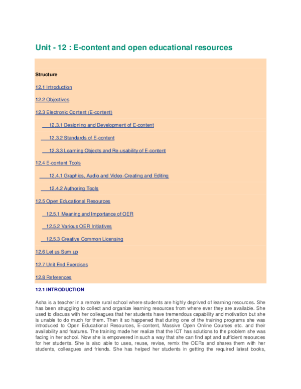 (DOC) Unit -12 : E-content and open educational resources