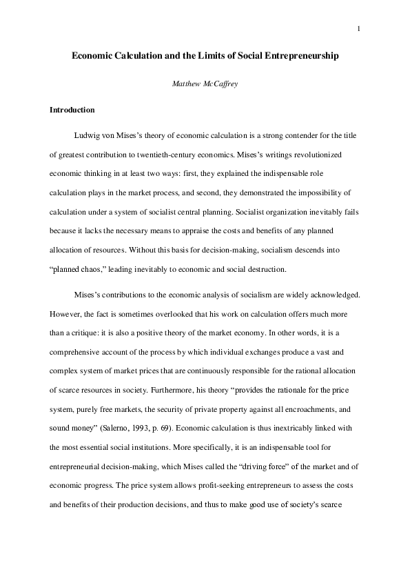 (PDF) Economic Calculation and the Limits of Social Entrepreneurship
