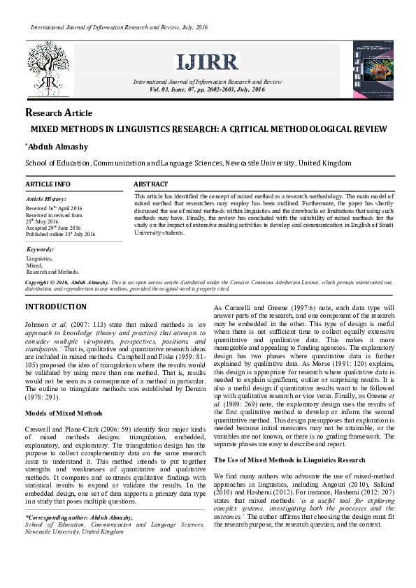 (PDF) MIXED METHODS IN LINGUISTICS RESEARCH: A CRITICAL METHODOLOGICAL REVIEW