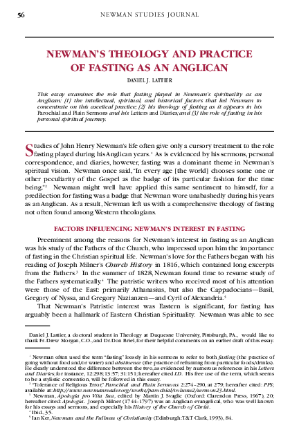 (PDF) “Newman’s Theology and Practice of Fasting as an Anglican” | Fr ...