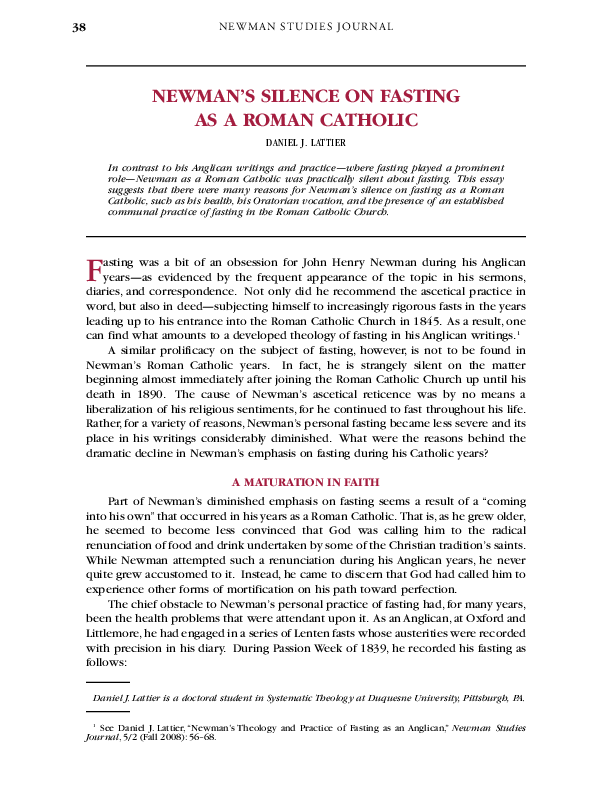 (PDF) "Newman's Silence on Fasting as a Roman Catholic"