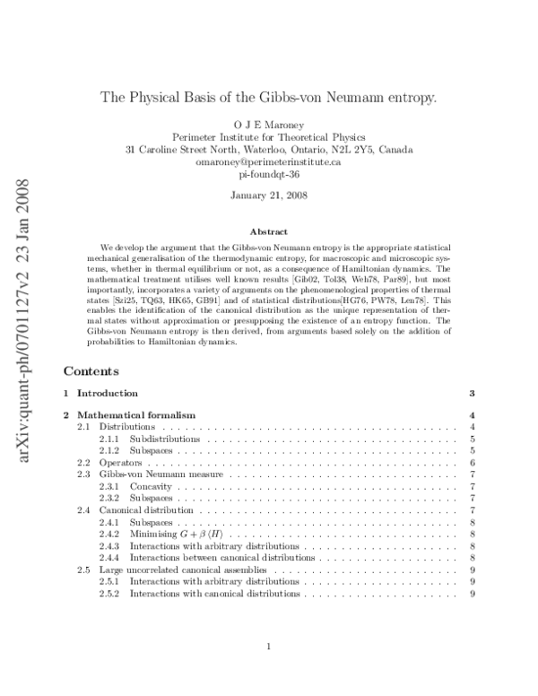 (PDF) The Physical Basis of the Gibbs-von Neumann entropy