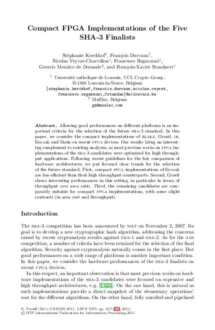 (PDF) Compact FPGA Implementations of the Five SHA-3 Finalists