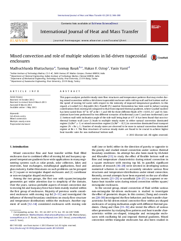 (PDF) Mixed convection and role of multiple solutions in lid-driven trapezoidal enclosures