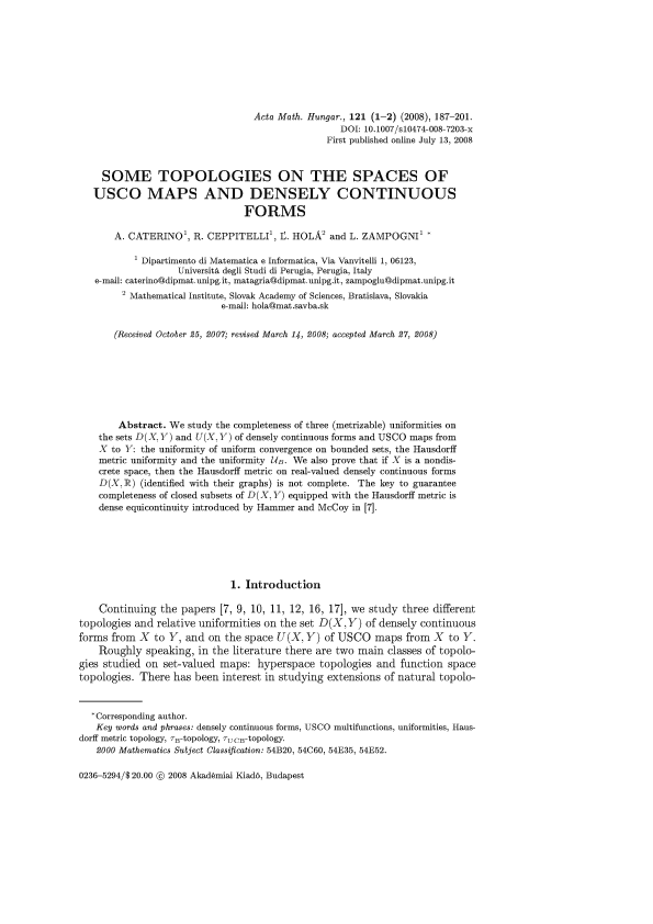 (PDF) Some topologies on the spaces of USCO maps and densely continuous forms
