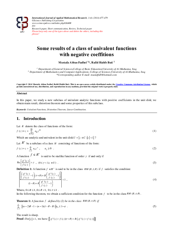 (PDF) Some results of a class of univalent functions with negative coeffitions