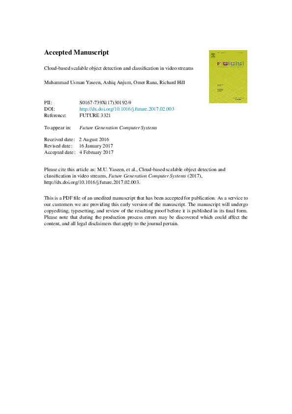 Pdf Cloud Based Scalable Object Detection And Classification In Video Streams