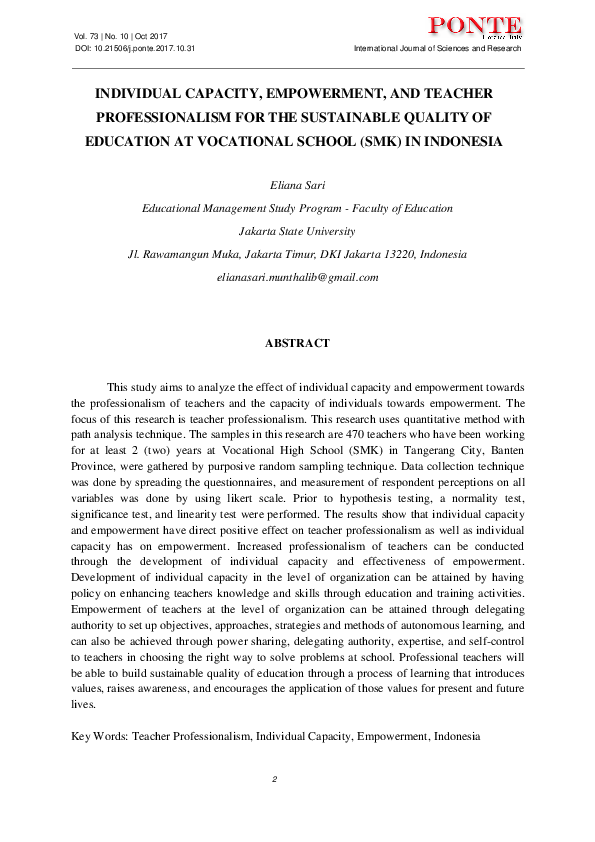 (PDF) INDIVIDUAL CAPACITY, EMPOWERMENT, AND TEACHER PROFESSIONALISM FOR ...