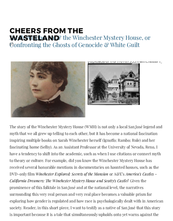 (PDF) Sarah Winchester & the Winchester Mystery House, or Confronting ...