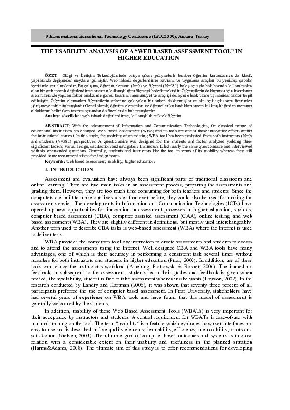 (PDF) The Usability Analysis Of A “Web Based Assessment Tool” In Higher Education, International ...