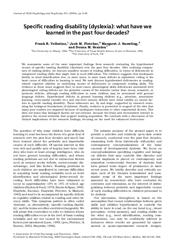 (PDF) Speci¢c reading disability (dyslexia): what have we learned in ...