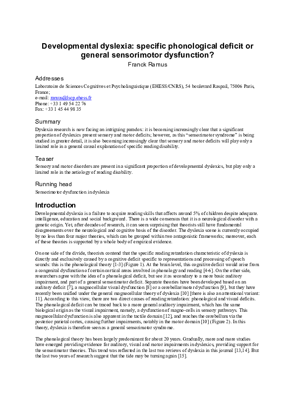 (PDF) Developmental dyslexia: specific phonological deficit or general ...