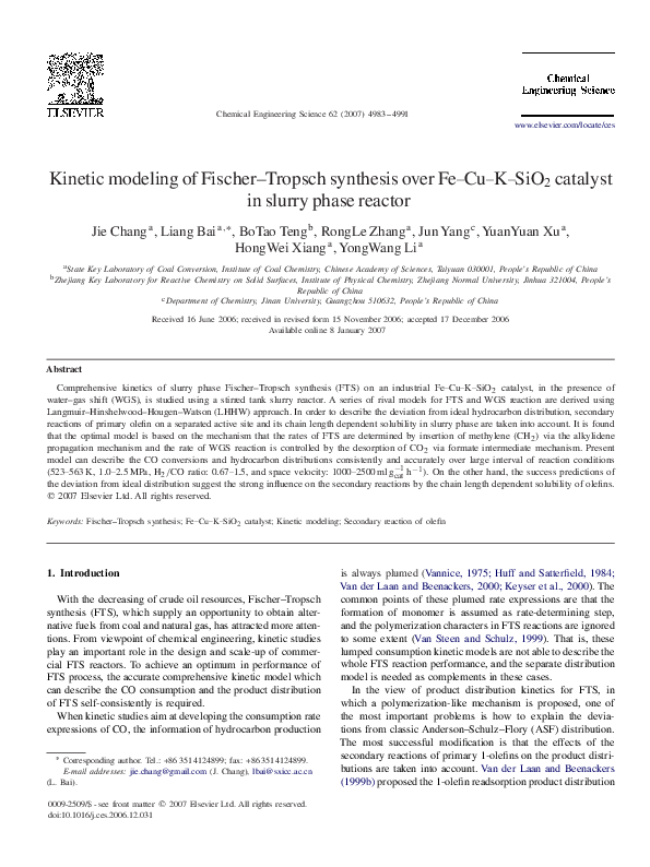 (PDF) Kinetic modeling of Fischer–Tropsch synthesis over catalyst in slurry phase reactor
