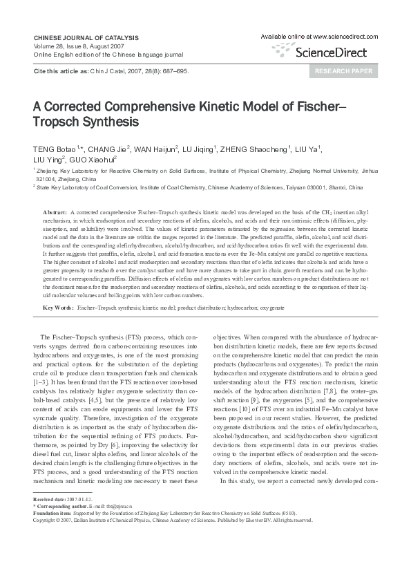 (PDF) A Corrected Comprehensive Kinetic Model of Fischer–Tropsch Synthesis