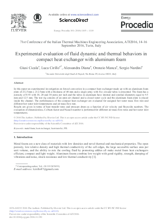 (PDF) Experimental evaluation of fluid dynamic and thermal behaviors in ...
