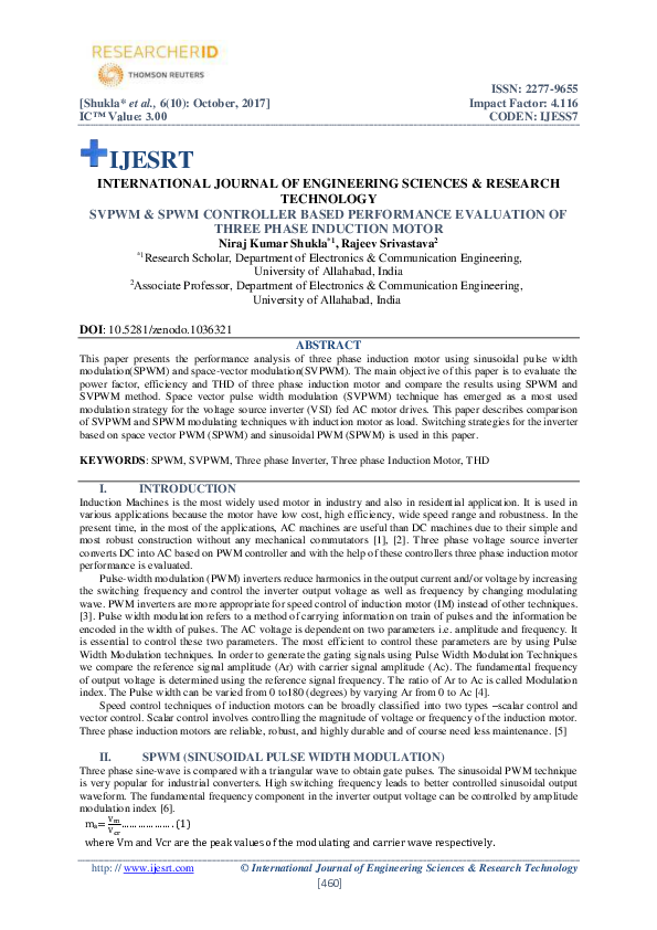 Pdf Svpwm And Spwm Controller Based Performance Evaluation Of Three Phase Induction Motor 9977