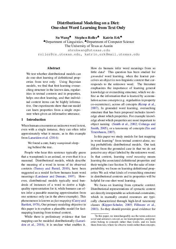 Distributional Modeling on a Diet: One-shot Word Learning from Text Only