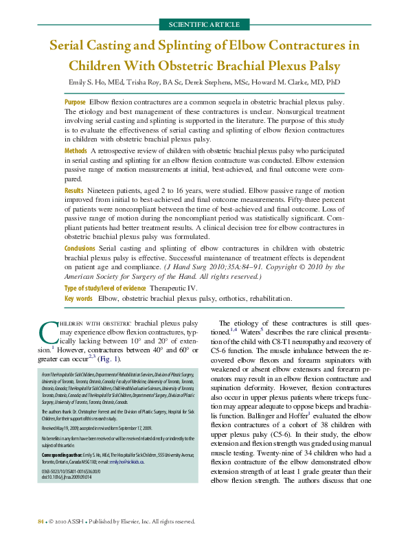 (PDF) Serial Casting and Splinting of Elbow Contractures in Children ...