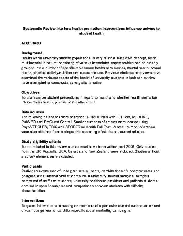 (PDF) Systematic Review into how health promotion interventions influence university student health