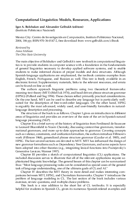 (PDF) Computational Linguistics: Models, Resources, Applications