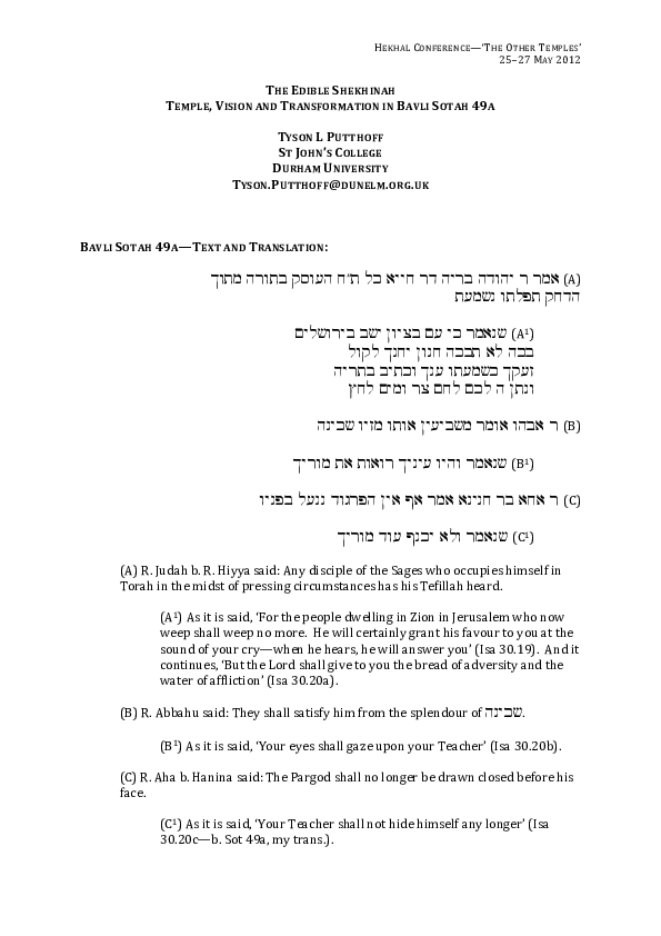 (PDF) The Edible Shekhinah: Temple, Vision and Transformation in Bavli Sotah 49a. Handout