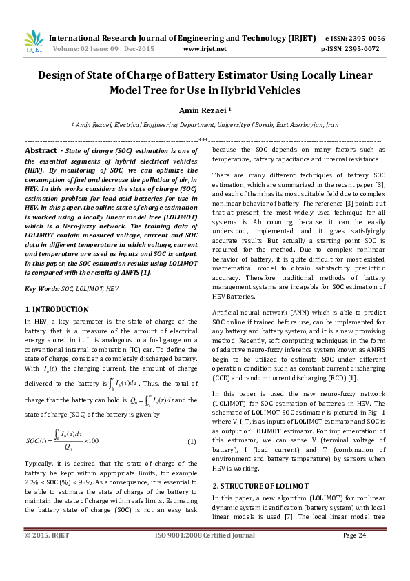 Pdf Design Of State Of Charge Of Battery Estimator Using Locally Linear Model Tree For Use In