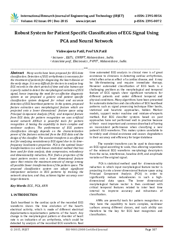 (PDF) Robust System for Patient Specific Classification of ECG Signal Using PCA and Neural Network