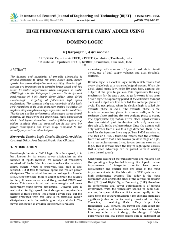(PDF) HIGH PERFORMANCE RIPPLE CARRY ADDER USING DOMINO LOGIC