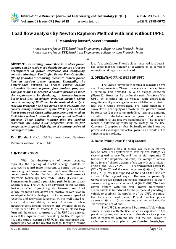 (PDF) Load flow analysis by Newton Raphson Method with and without UPFC
