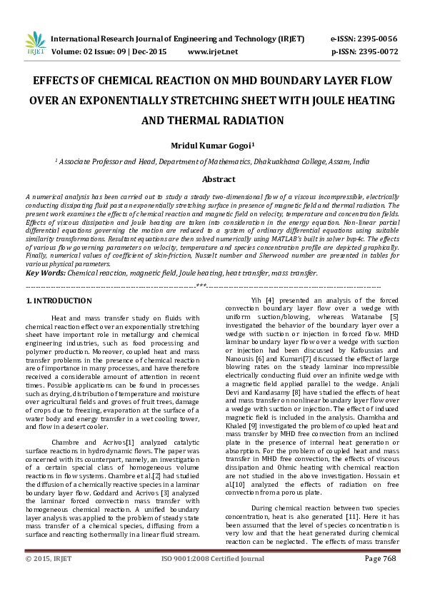 Pdf Effects Of Chemical Reaction On Mhd Boundary Layer Flow Over An Exponentially Stretching