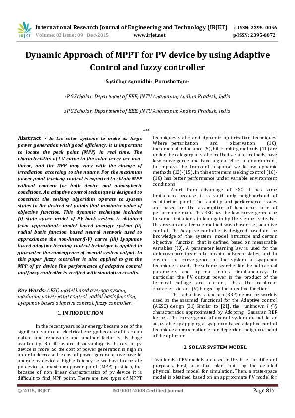 Pdf Dynamic Approach Of Mppt For Pv Device By Using Adaptive Control