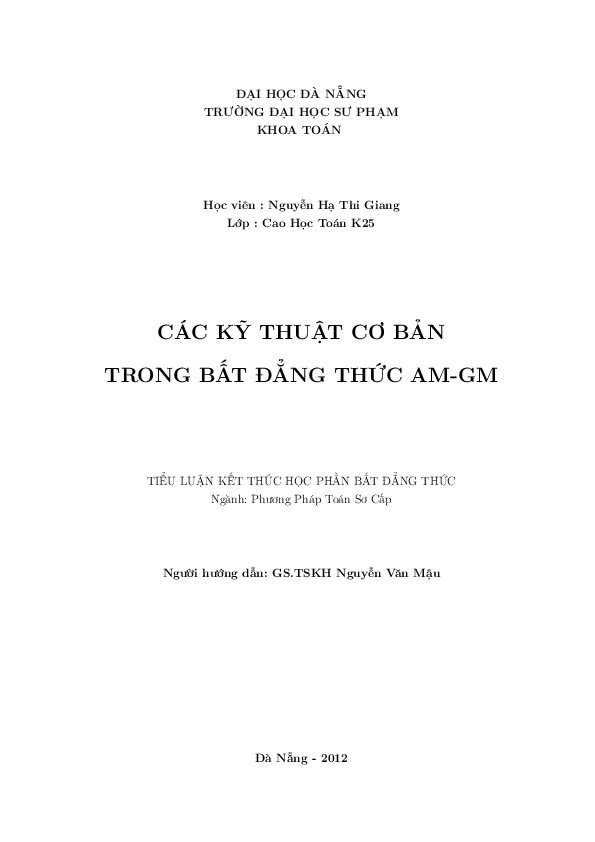 (PDF) CÁC KỸ THUẬT CƠ BẢN TRONG BẤT ĐẲNG THỨC AM-GM