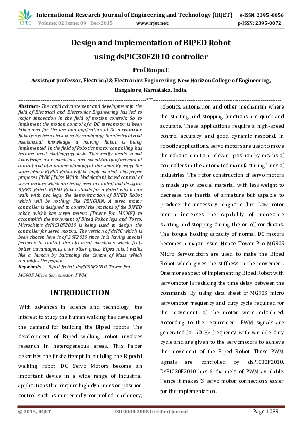 Pdf Design And Implementation Of Biped Robot Using Dspic30f2010 Controller