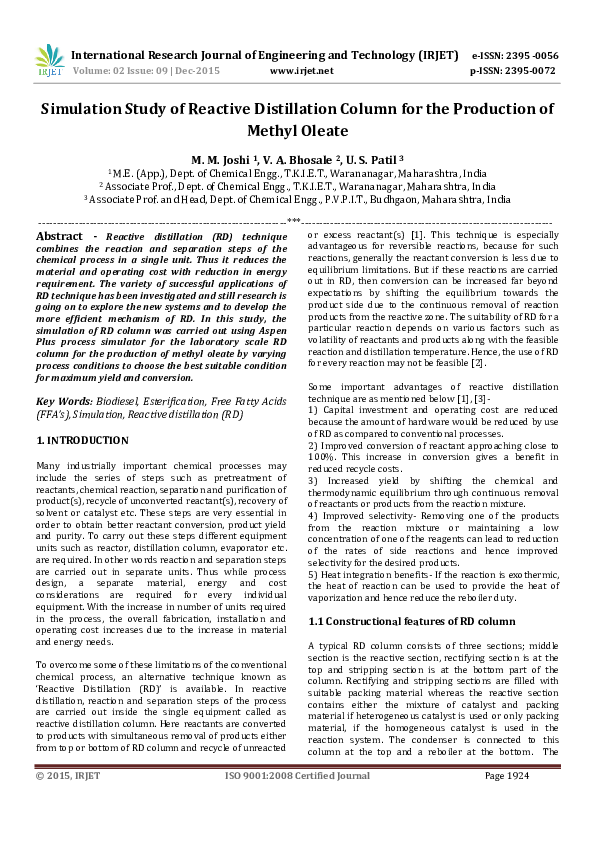 (PDF) Simulation Study of Reactive Distillation Column for the Production of Methyl Oleate