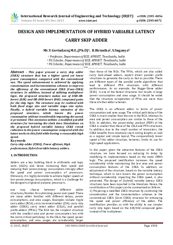 (PDF) DESIGN AND IMPLEMENTATION OF HYBRID VARIABLE LATENCY CARRY SKIP ADDER