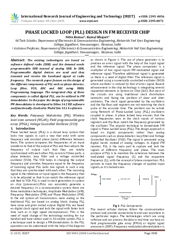 (PDF) PHASE LOCKED LOOP (PLL) DESIGN IN FM RECEIVER CHIP