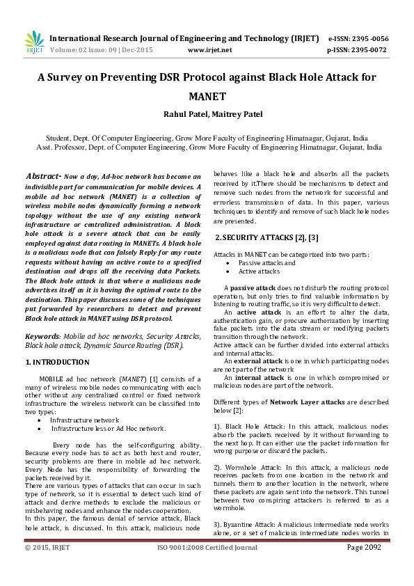 Pdf A Survey On Preventing Dsr Protocol Against Black Hole Attack For Manet