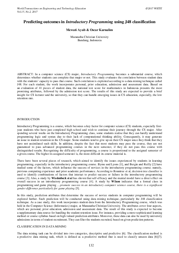 Pdf Predicting Outcomes In Introductory Programming Using J48 5610