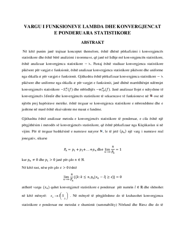 (PDF) VARGU I FUNKSIONEVE LAMBDA DHE KONVERGJENCAT E PONDERUARA STATISTIKORE